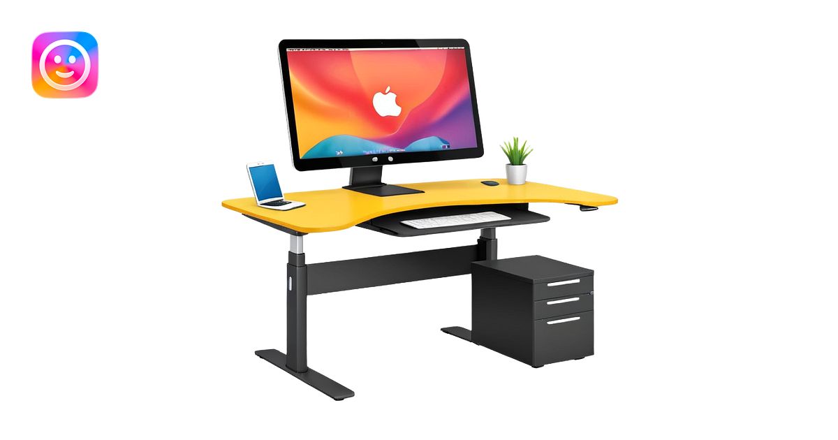 A height-adjustable office desk with a visible central lifting ...