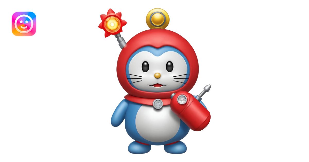 Red mad doraemon plush holding a nuke button emoji | AI Emoji Generator