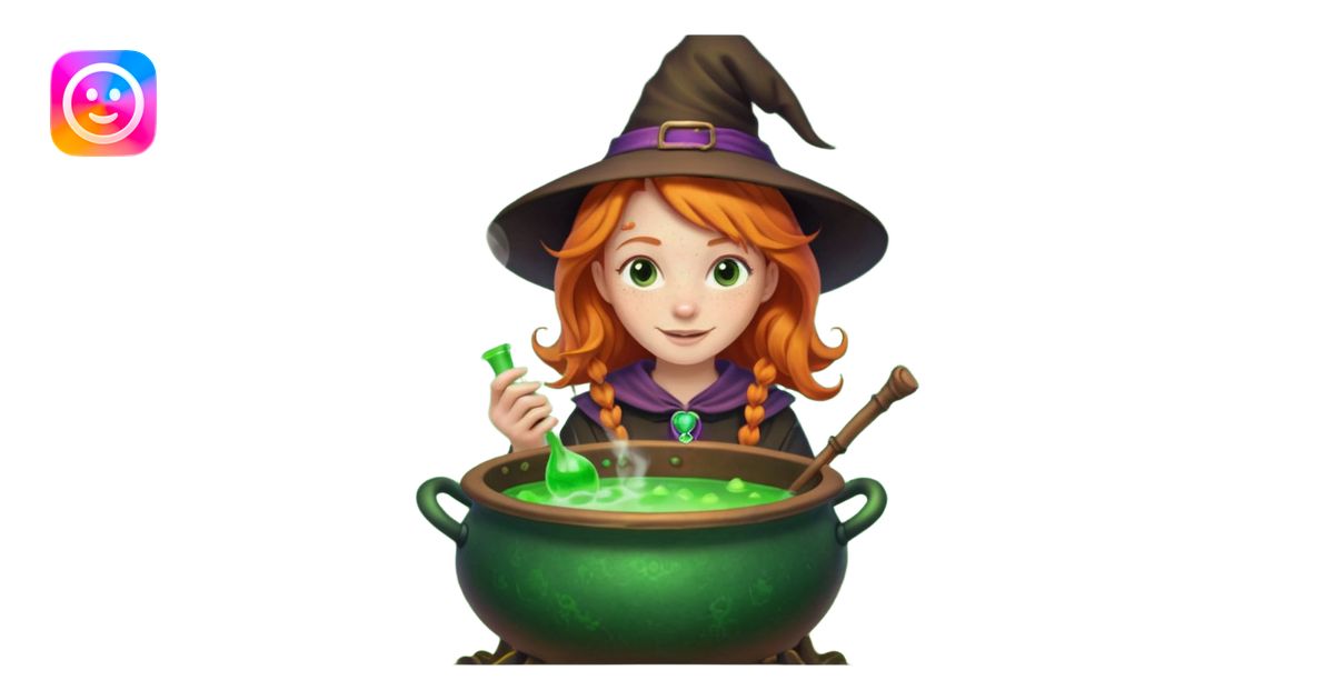 cute ginger witch stirring a bubbling cauldron, freckles, mischievous ...