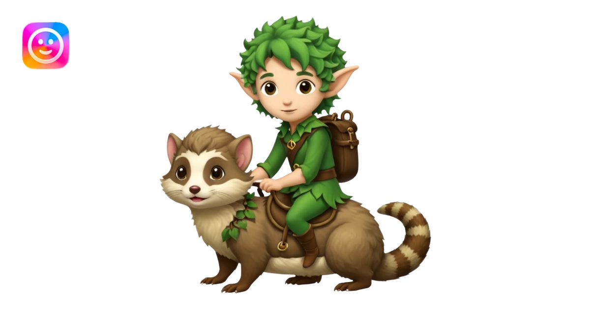 tiny forest elf with messy curls riding ferret emoji | AI Emoji Generator