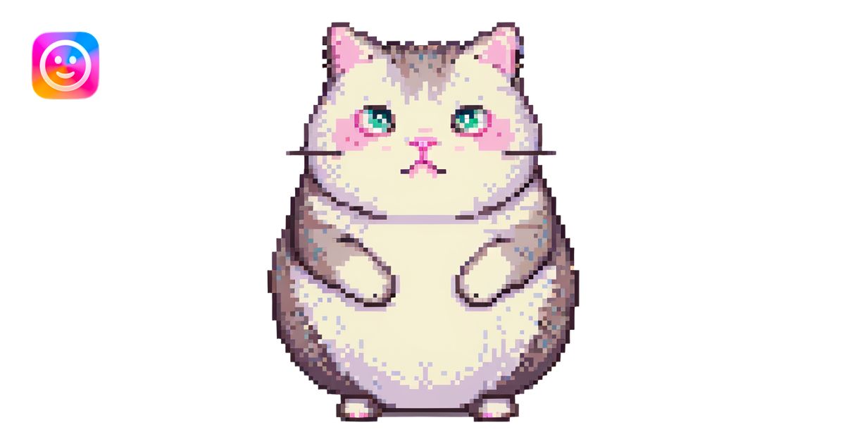 pixel art of a chubby, happy cat sitting, large sparkling eyes, pink ...