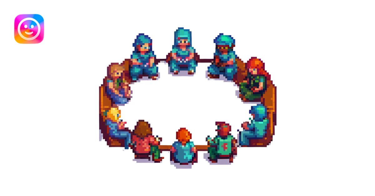 a group of friends sitting in a circle, pixel art style, retro video ...