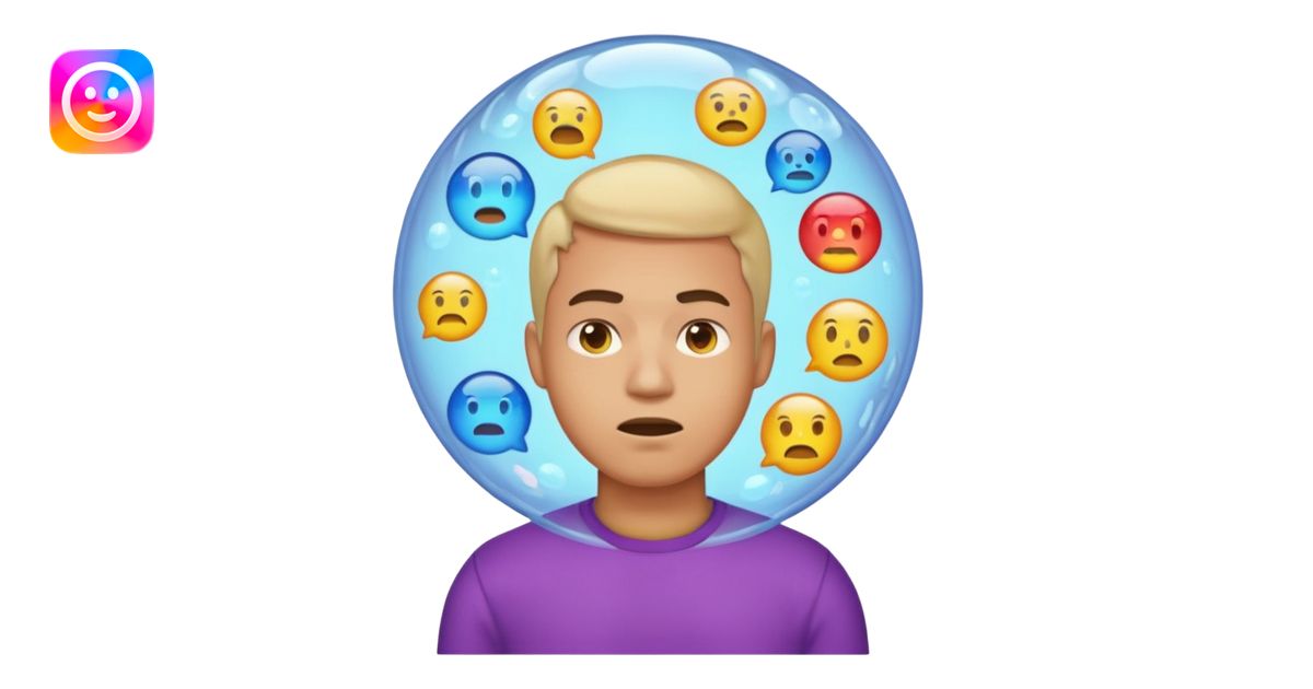Realistic emoji-style man trapped inside a glowing filter bubble. The ...