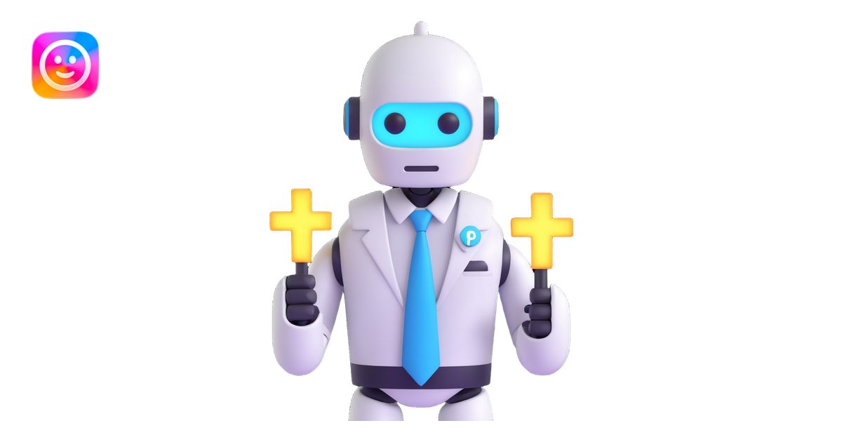 minimal robot avatar with a tie and a glowing plus sign, surrounded by ...