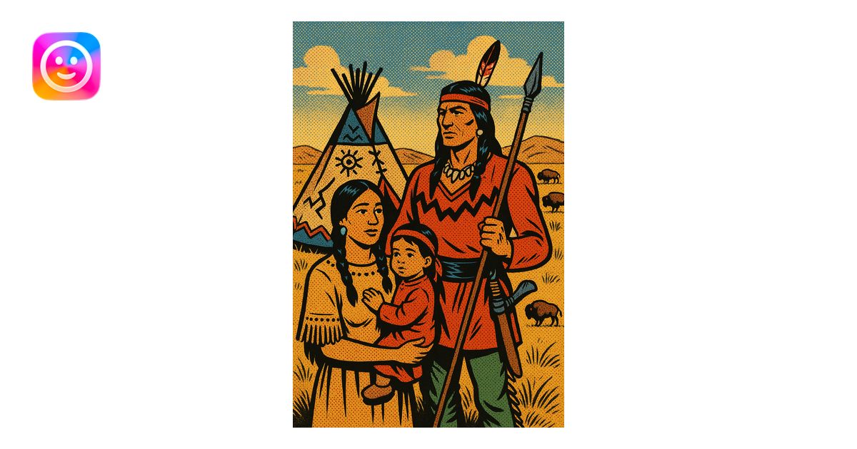 A native American family including a mother and young child, with a ...