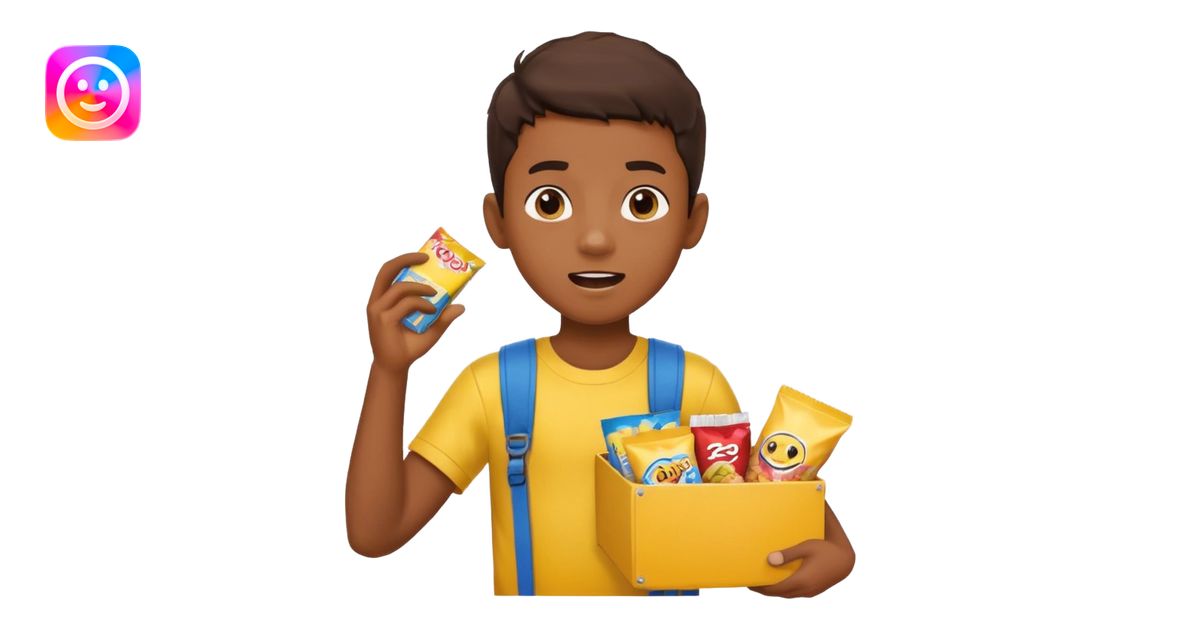 A young vendor boy with a snacks box strapped to his chest, calling out ...