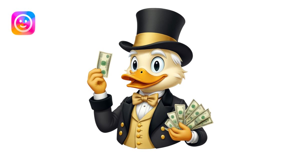 Scrooge McDuck counting money, rich duck character with top hat emoji ...
