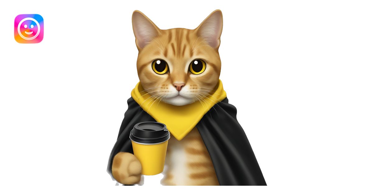 Cat drink to coffee, black and yellow cape emoji | AI Emoji Generator