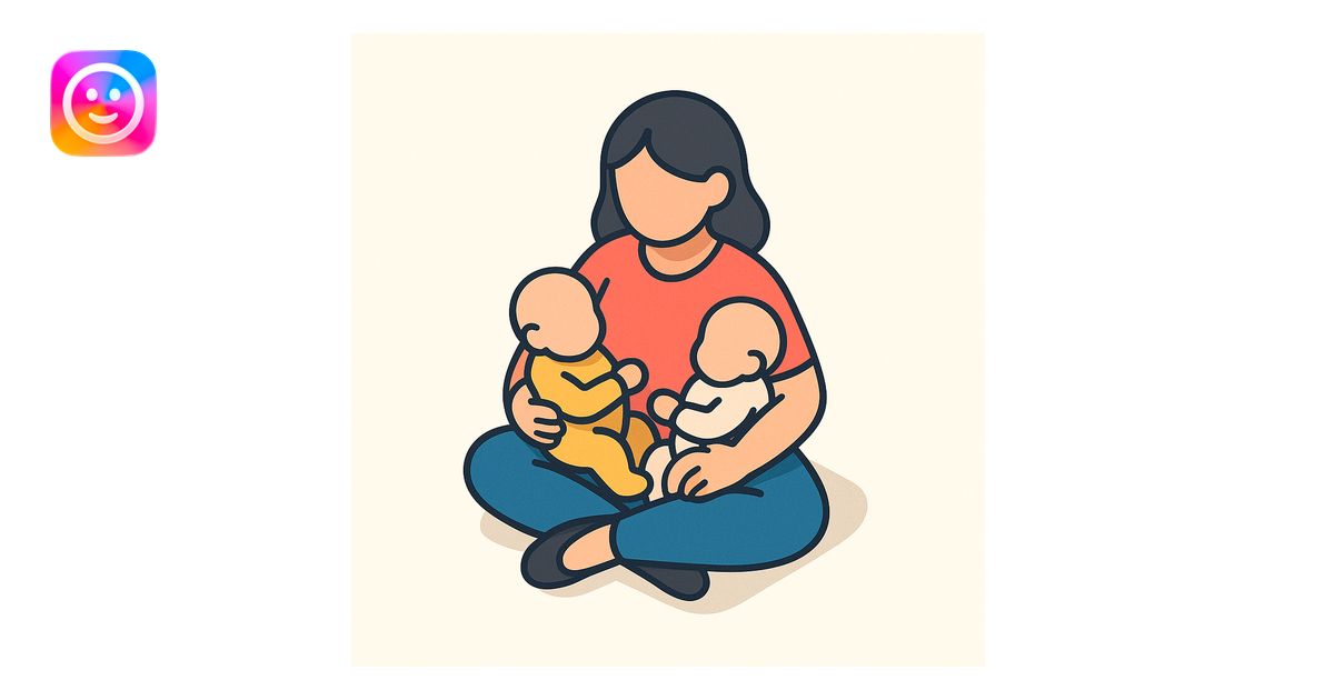 a mother sitting cross-legged with two babies on her lap, gentle and ...