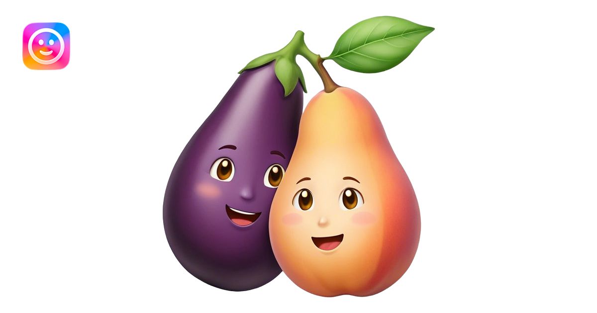 Aubergine disant bonjour à une pêche emoji | AI Emoji Generator