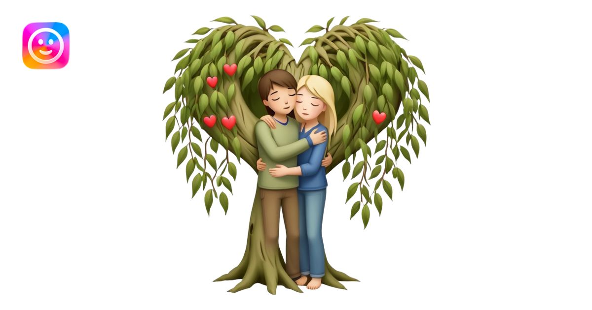 heart-shaped weeping willow tree surrounding two friends hugging in a ...