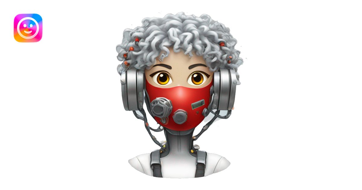 Silver curly hair female cyborg head with red respirator mask and ...