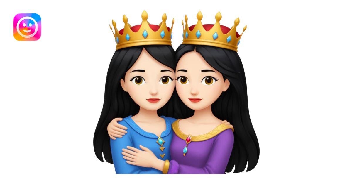 Two queens with long black hair hugging. emoji | AI Emoji Generator
