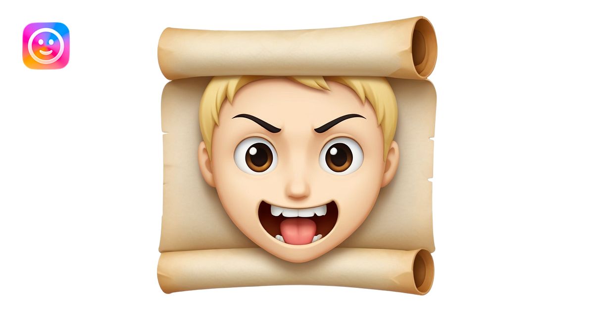 determined cartoon face biting on a small parchment scroll, anime ...