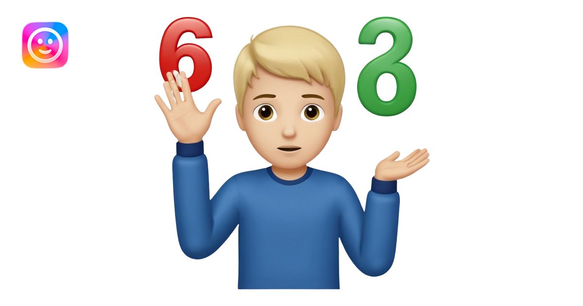 A boy shrugging with the number 6 over one hand and the number 7 over ...
