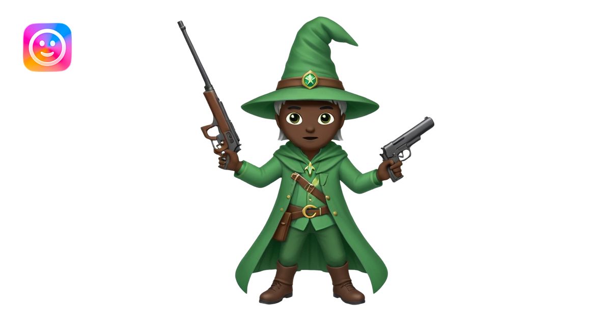 A wizard 🧙 wearing green clothes, with black skin, holding a pistol 🔫 ...