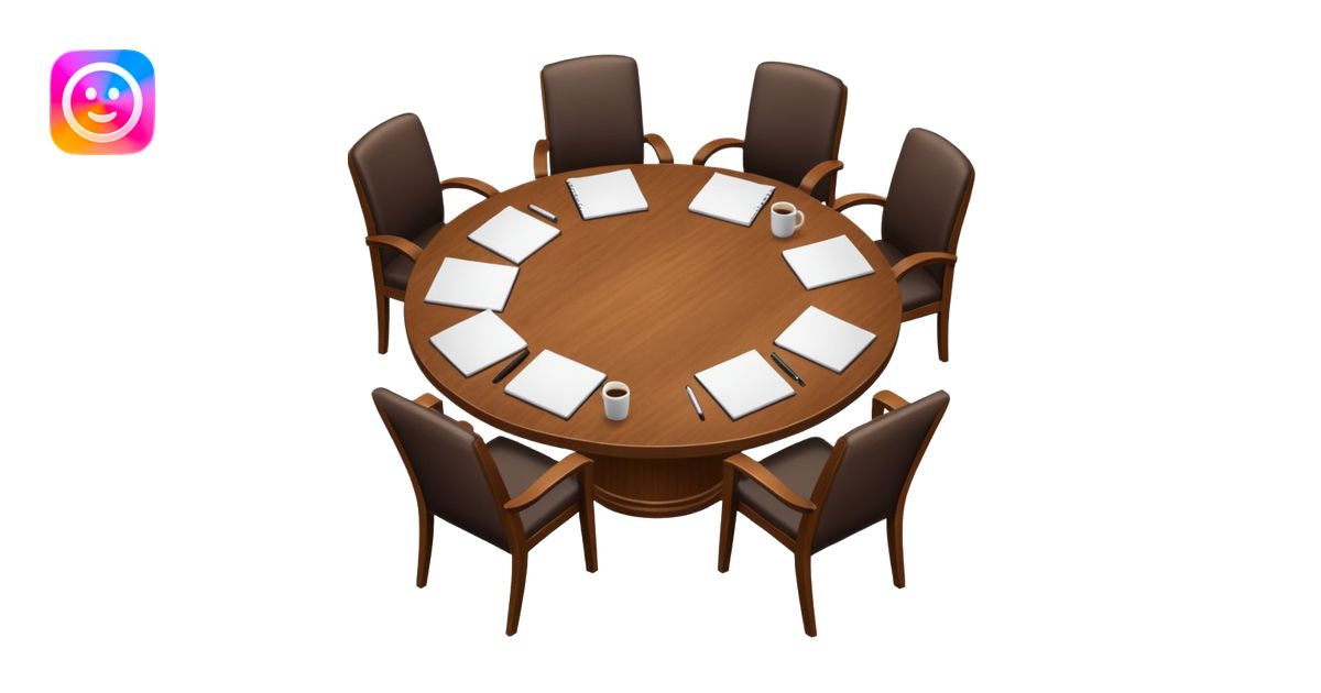 Round conference table with several empty chairs around it and a ...