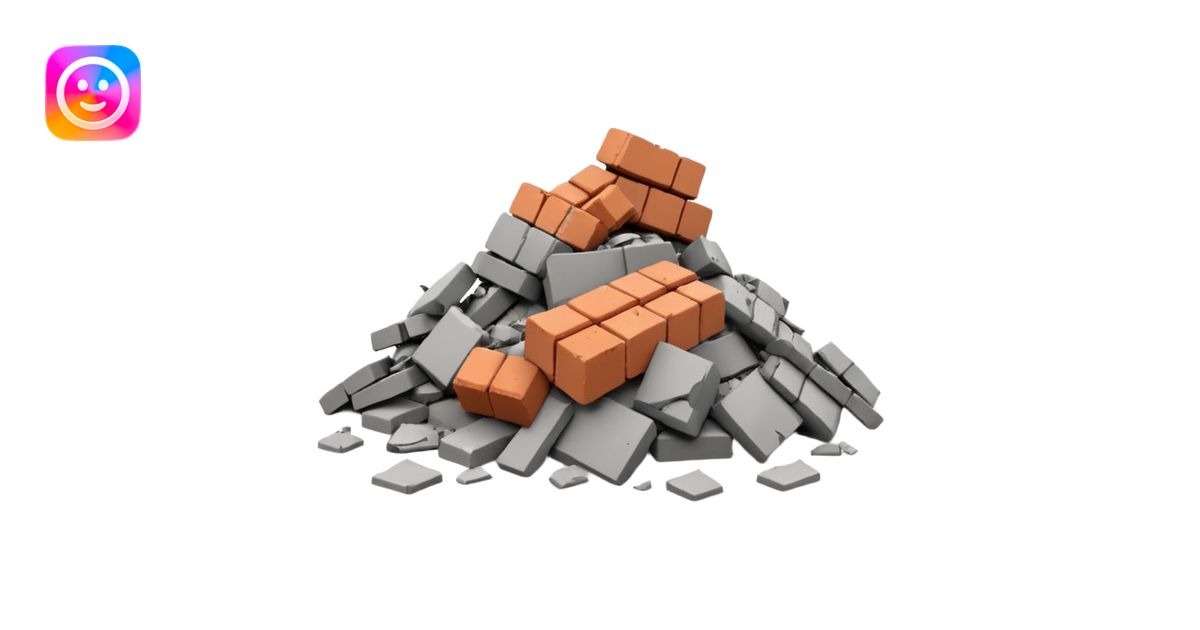 3D iPhone style emoji of a pile of bricks, roof pieces, and wall rubble ...
