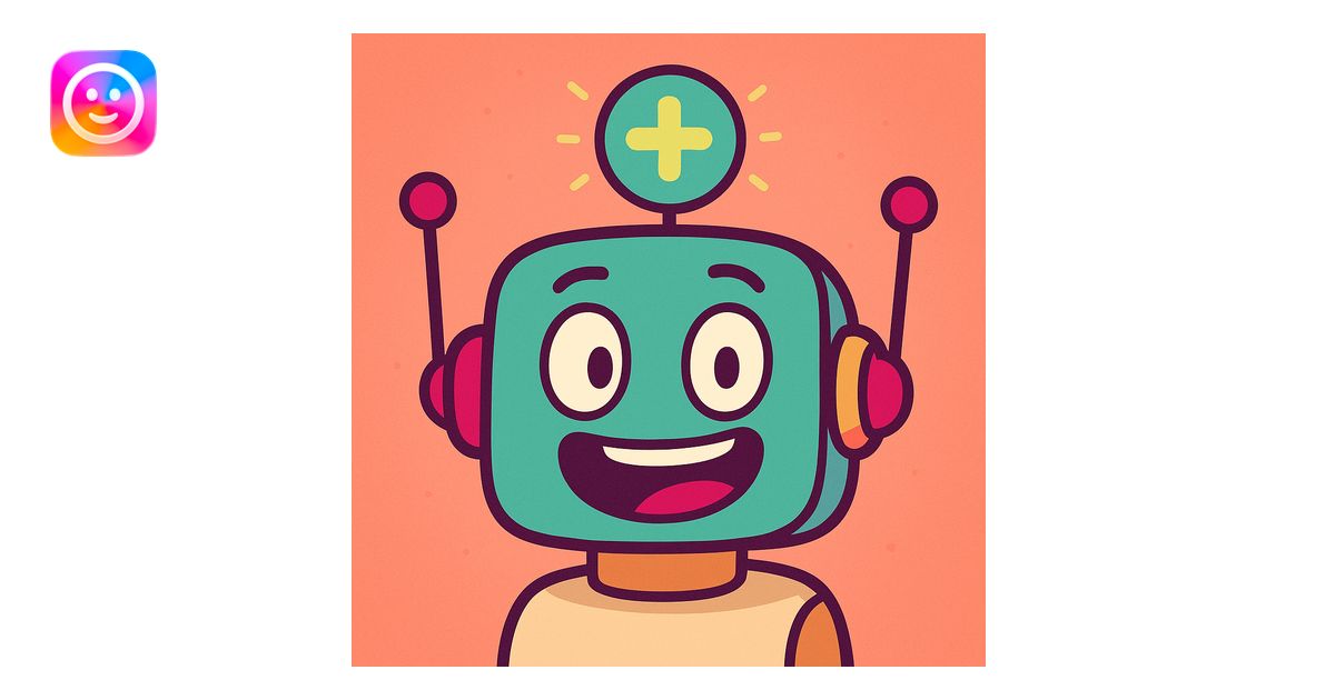 cheerful robot head with glowing plus symbol, Slack signature colors ...
