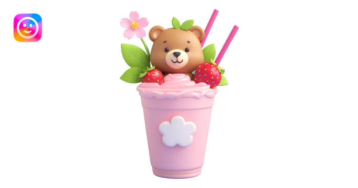 A strawberry milkshake cup with a straw, a cute bear peeking out, two ...