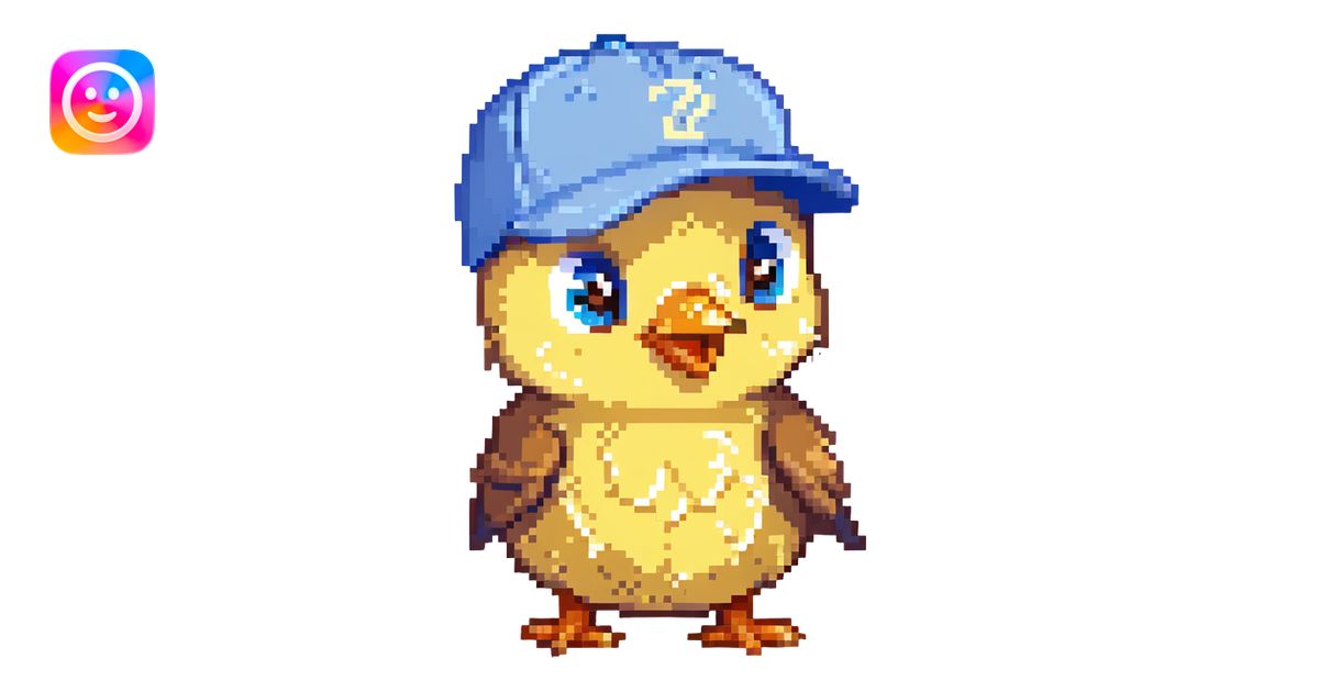 A baby chick looking surprised, pixel art style, with a blue baseball ...