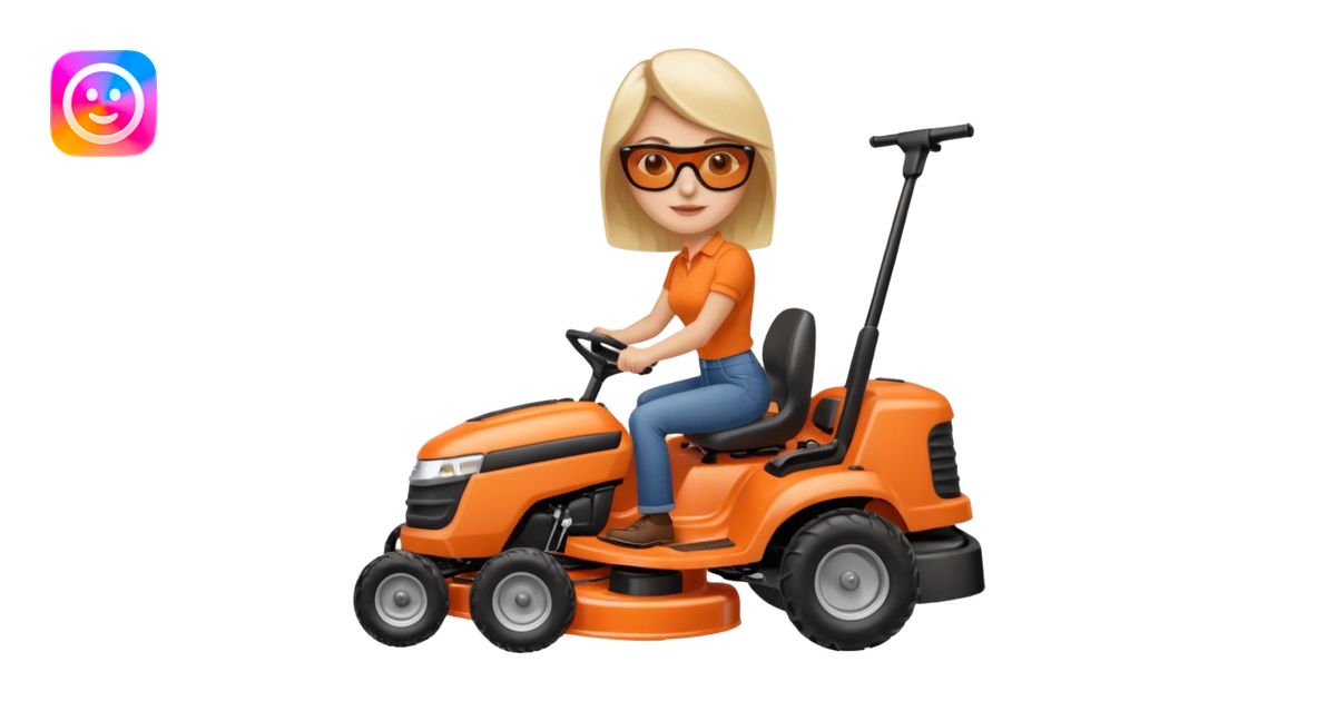 White woman on orange ride on lawn mower cutting lawn emoji | AI Emoji ...