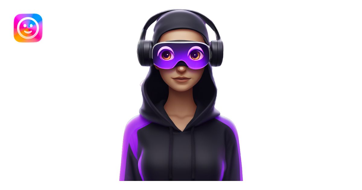 Russian girl wearing black hoody with violet letters "OMG", in vr ...