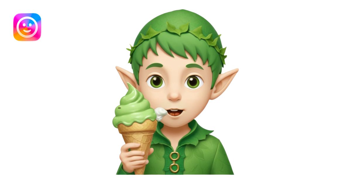 A young elf boy in leafy clothes licking a triple-scoop ice cream with ...