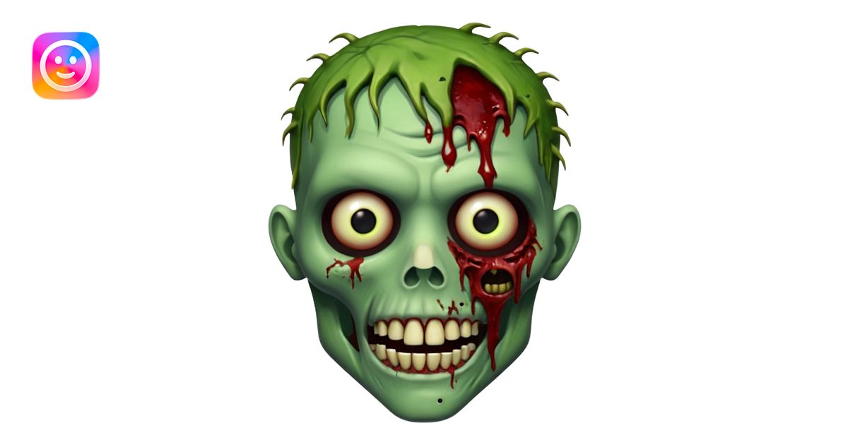 Realistic zombie head, decaying green skin, blood, missing teeth ...