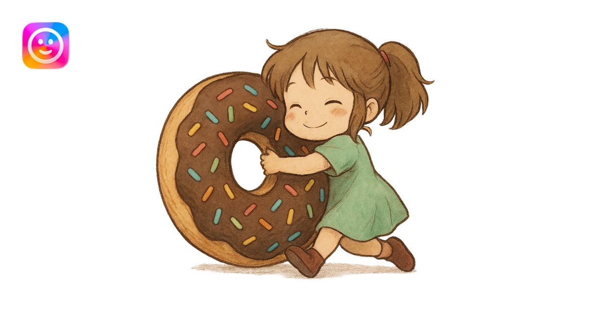 soft Ghibli style chibi girl hugging giant donut with sprinkles ...
