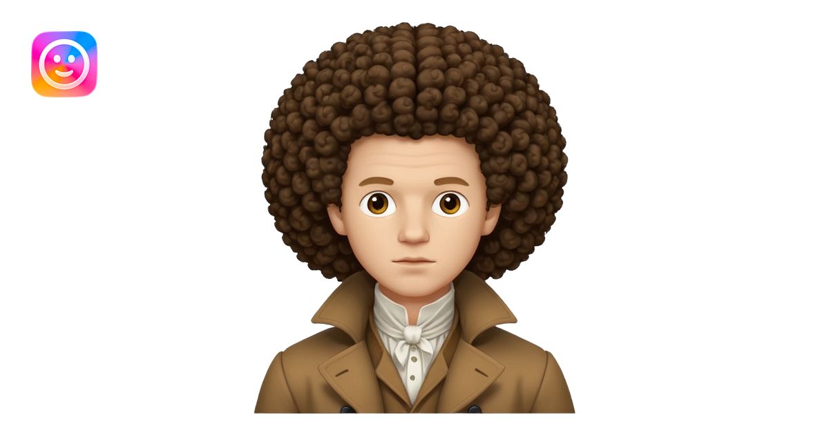 pale man, 1700s, white shirt brown coat, big afro curly hair, not too ...
