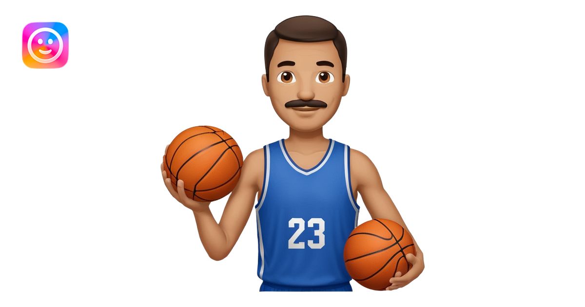 bold man basketball player blue jersey with mustache holding basket ...