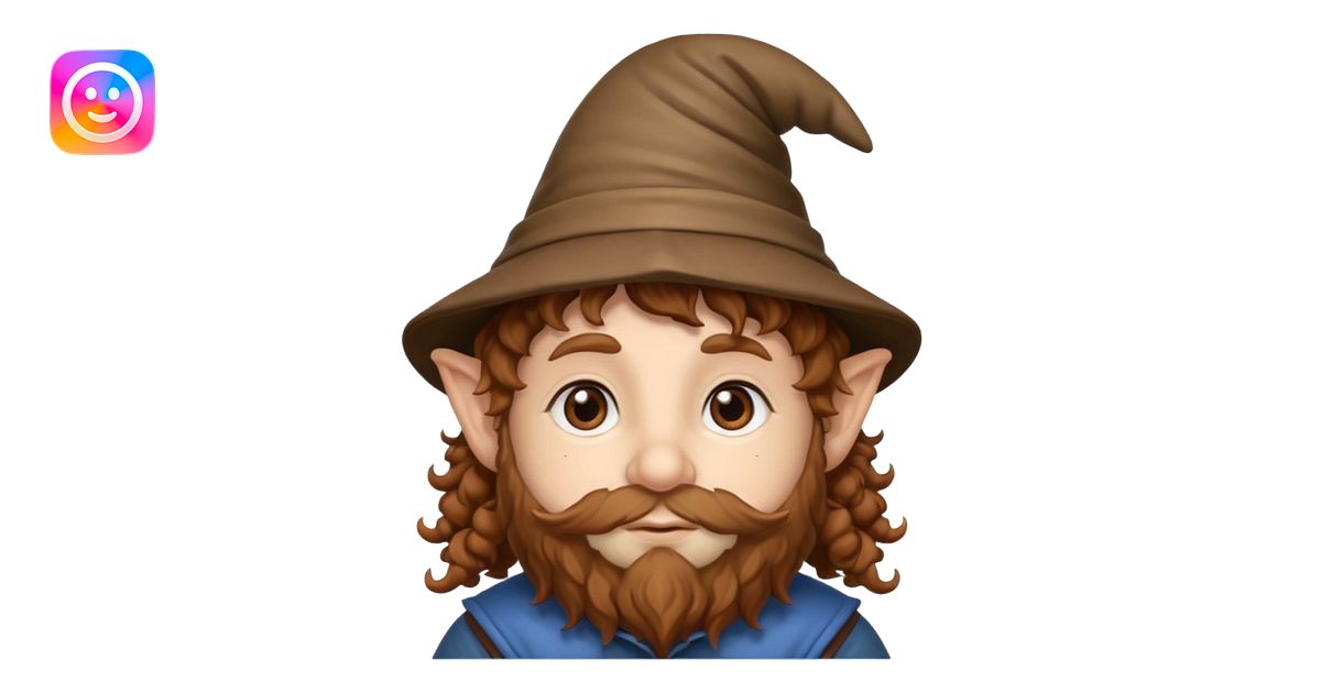 Gnomo con capelli ricci marroni, occhi marroni e cappello a punta emoji ...