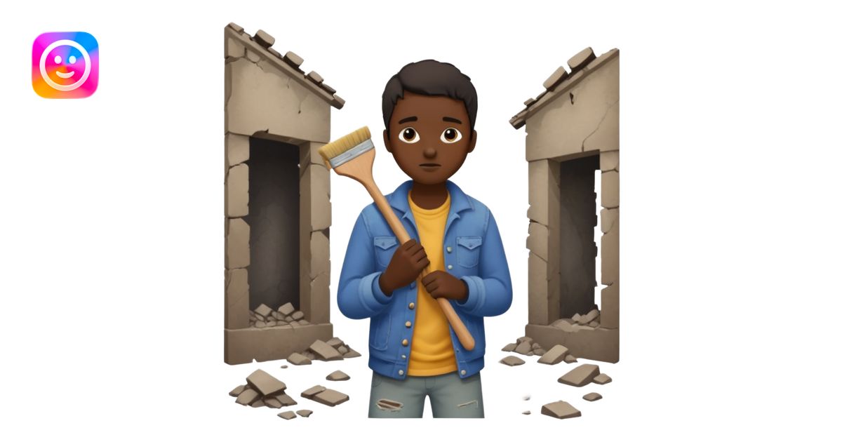 Character brushing dust off themselves as ruins fall behind emoji | AI ...