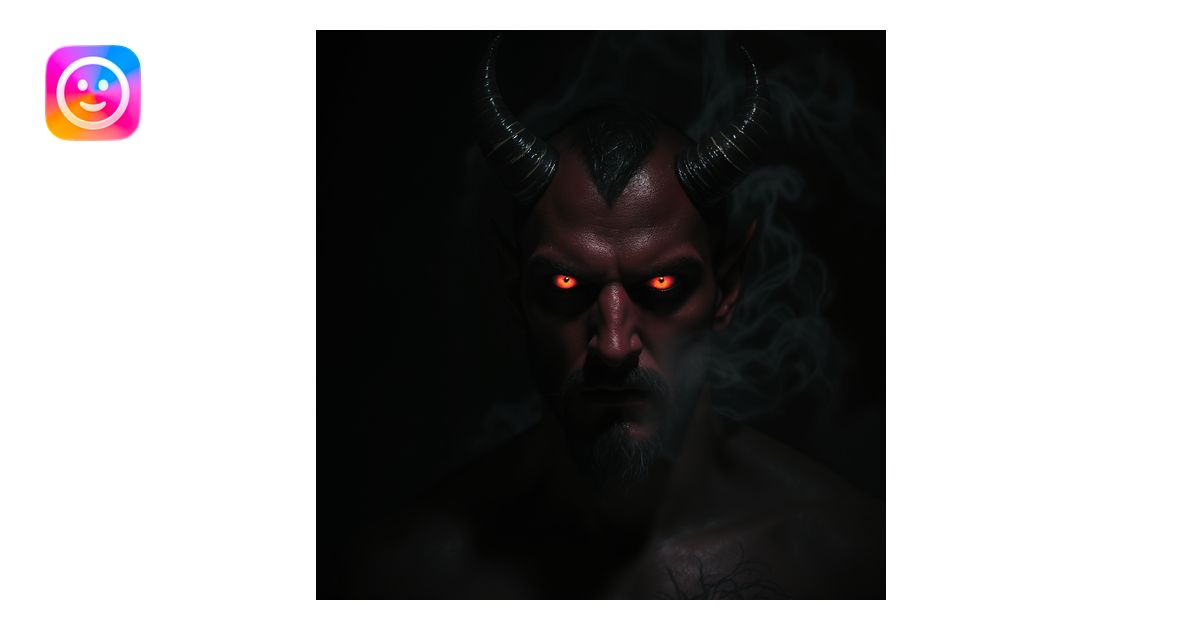 realistic devil with horns and glowing eyes, dark and moody atmosphere ...