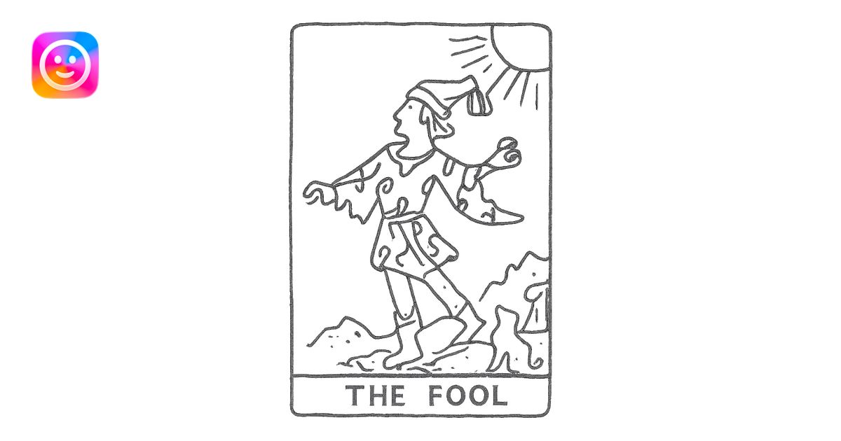 The Fool tarot card, simple and minimal, hand-drawn black outline style ...