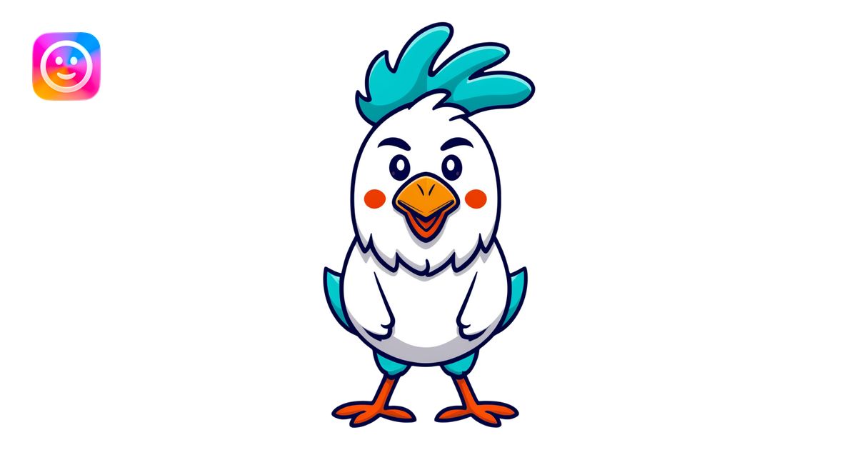 A goofy tropical rooster with teal blue feathers, big bulging eyes ...