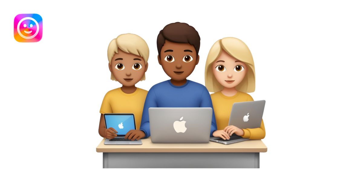 three young people programming together with laptops, teamwork, apple ...