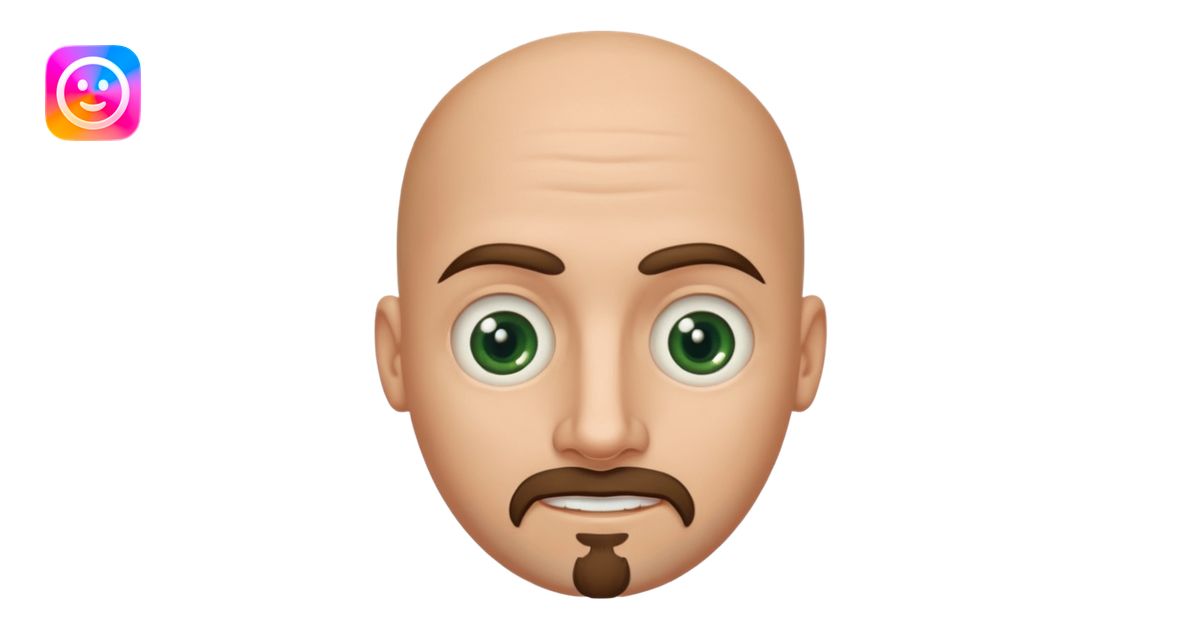 white caucasian bald man's face, with brown goatee and dark green eyes ...
