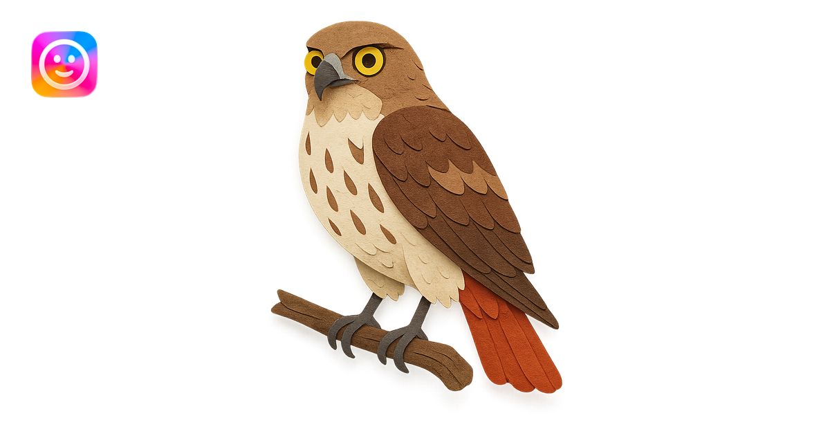 red-tailed hawk on a branch, layered paper details, expressive yellow ...