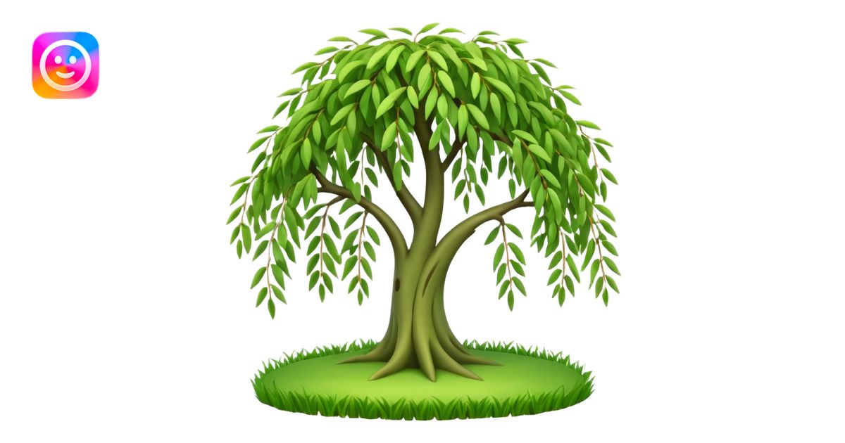 A 3D cartoon willow tree with drooping green branches over soft grass ...