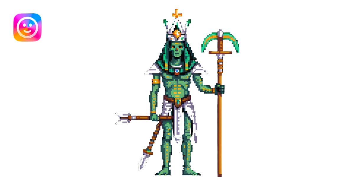 Egyptian god Osiris with green skin, mummified body, white Atef crown ...