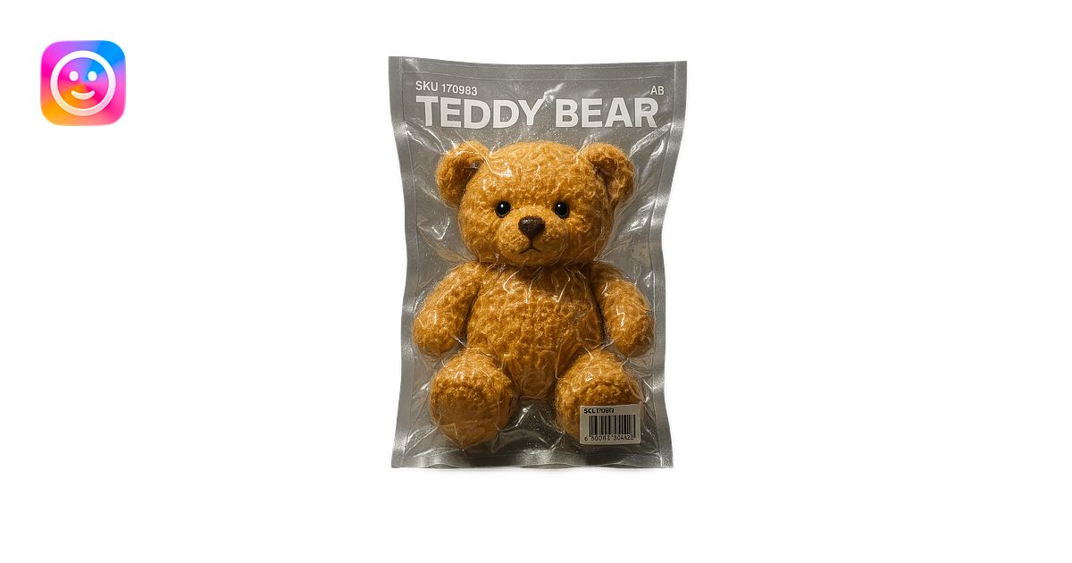 vacuum-sealed teddy bear, squished and glossy meme | AI Emoji Generator