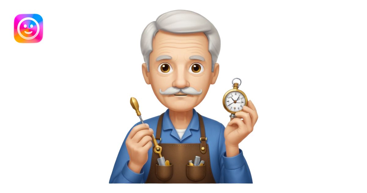 A gentle elderly inventor with tidy mustache, apron, and miniature ...