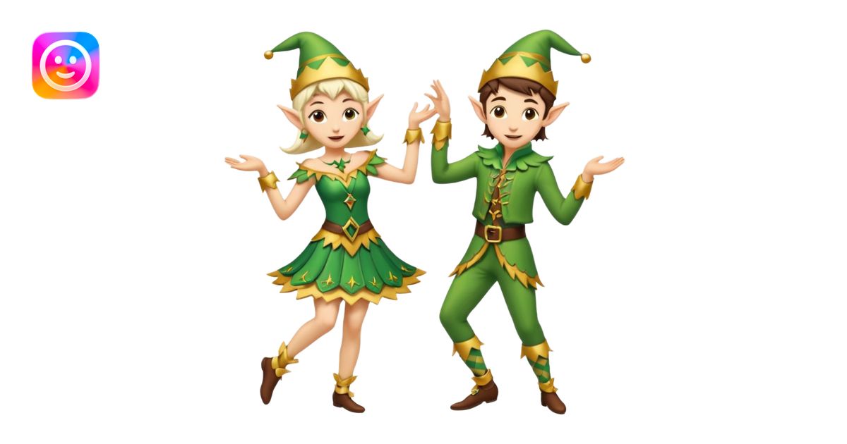 group of male and female dancing elves emoji | AI Emoji Generator