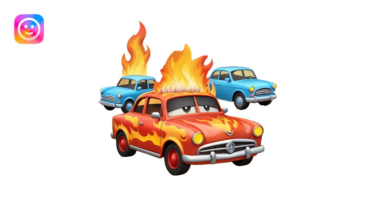 A 3D cartoon scene of cars on fire with smoke rising, chaotic ...