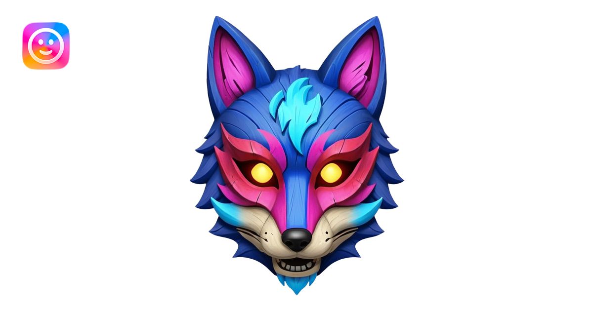 Ancient wooden mask, broken in half, luminous and neon with red, blue ...