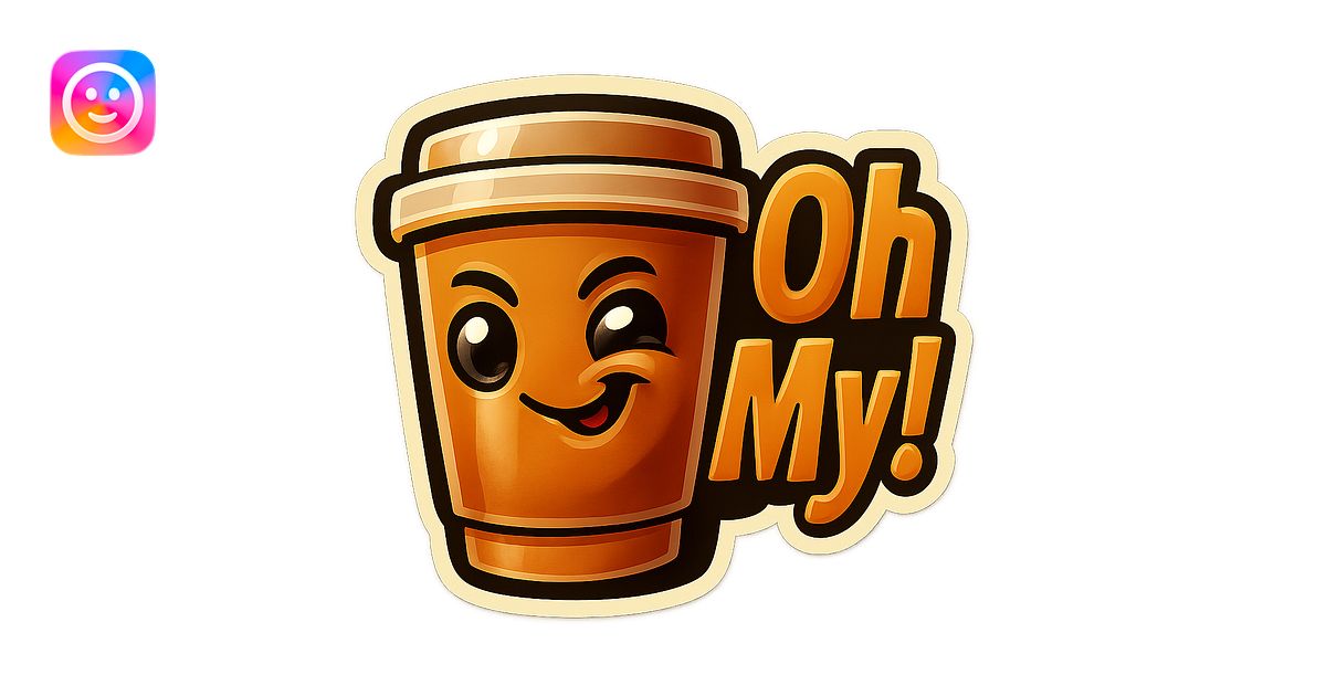 Tall coffee cup, mischievous smirk, looking sideways, big "Oh My ...