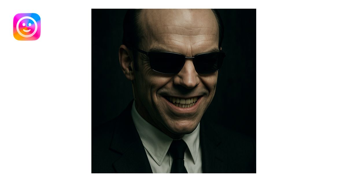 Agent Smith from The Matrix, close-up face with sunglasses and earpiece ...