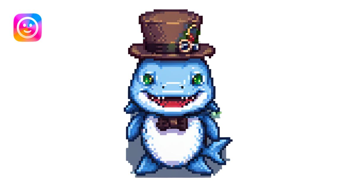 A pixel art style image of a shark wearing a top hat and a monocle ...